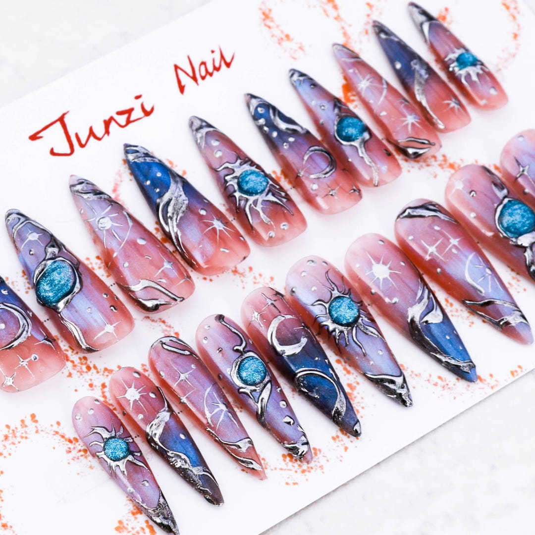 Handmade Press on Nail, Galactic Glow Press on Nail, Long Stiletto, 20 ...