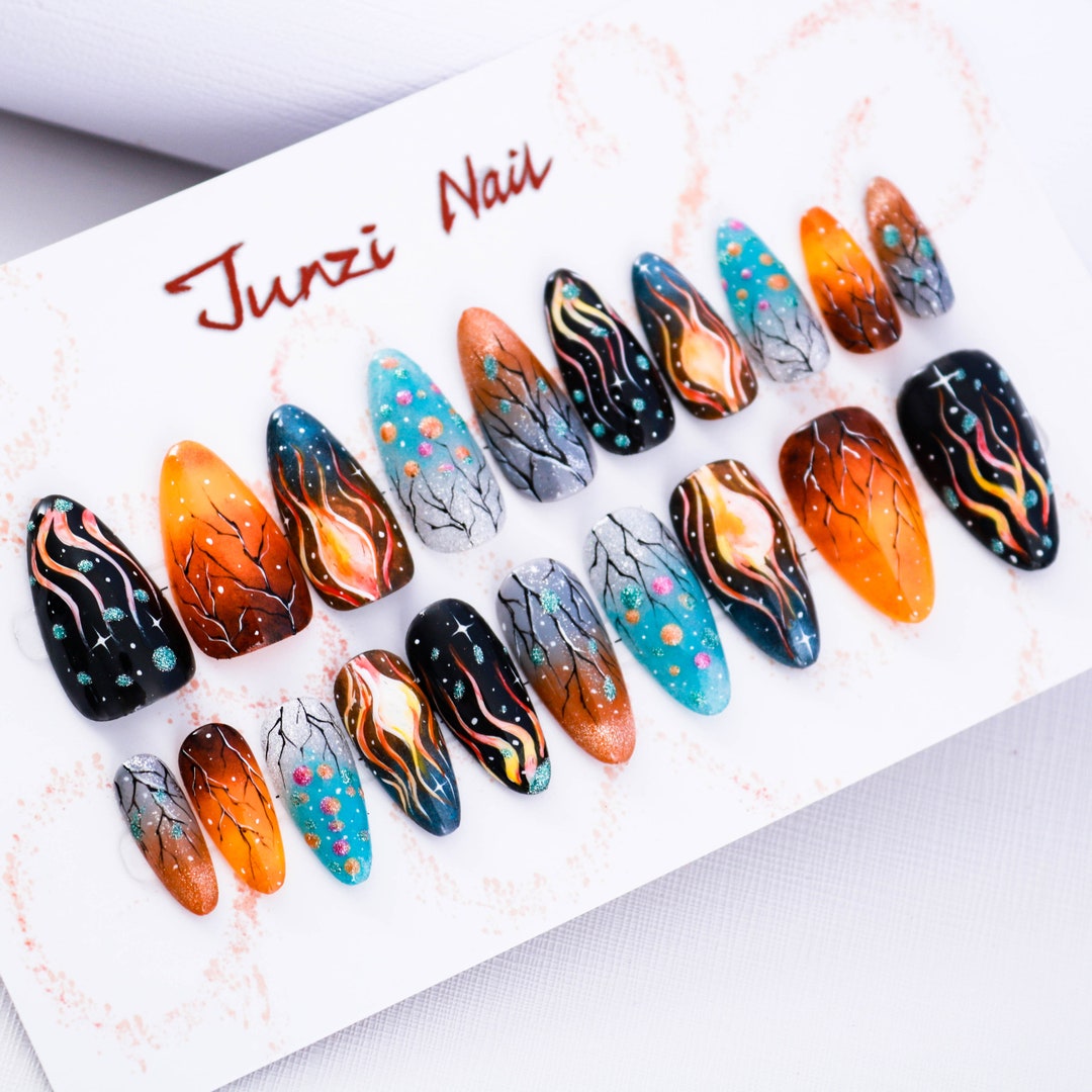 Reusable Handmade Nails, Celestial Fiery Press on Nail, Medium Almond ...