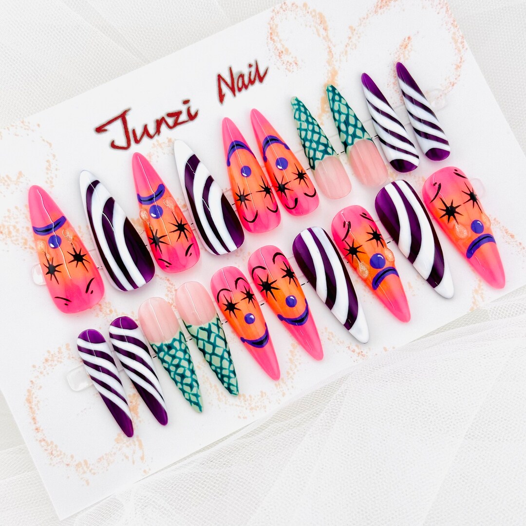Handmade Nails , Crying Clown Face Press on Nail , Long Stiletto Nail ...