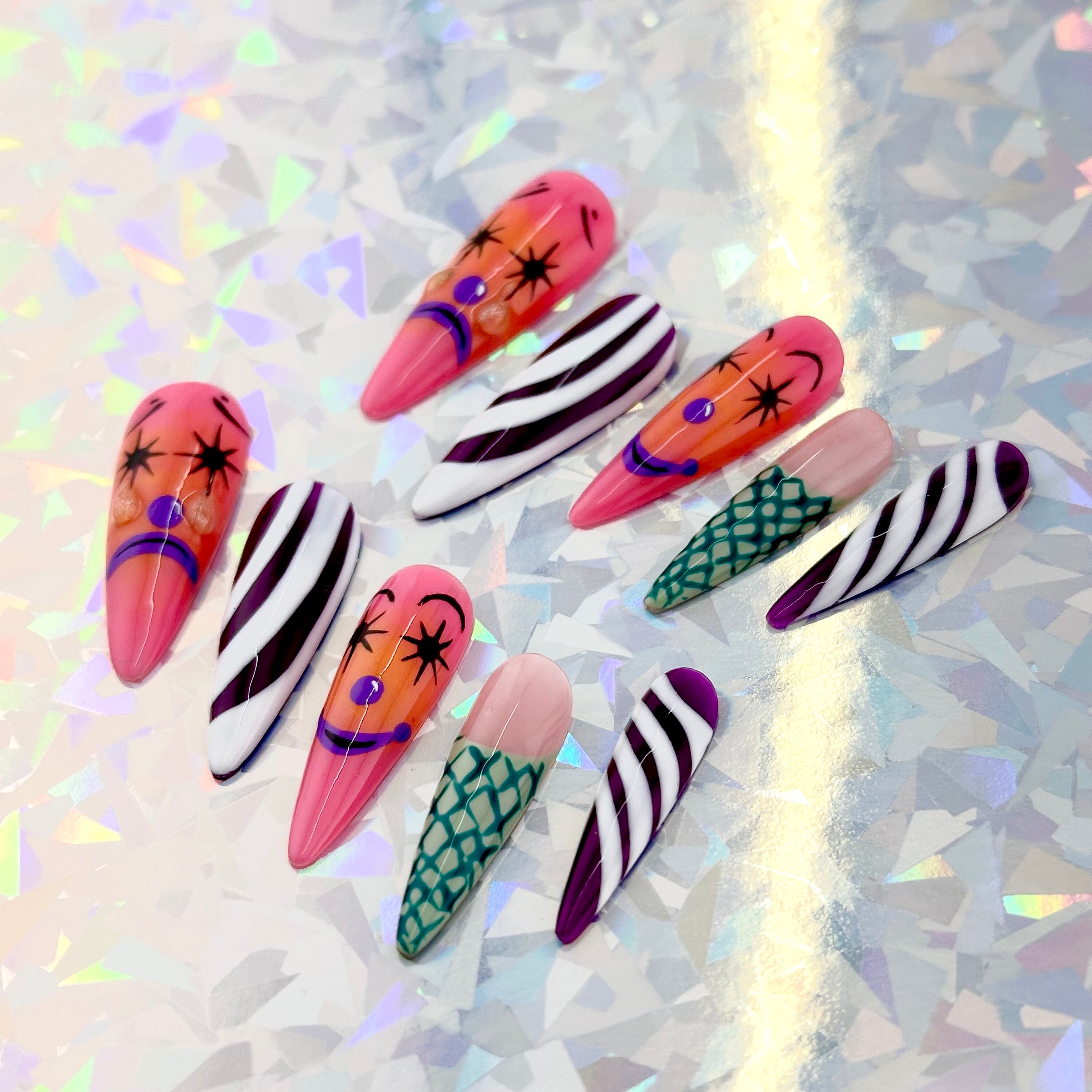 Handmade Nails Crying Clown Face Press on Nail Long Stiletto Nail 20 ...