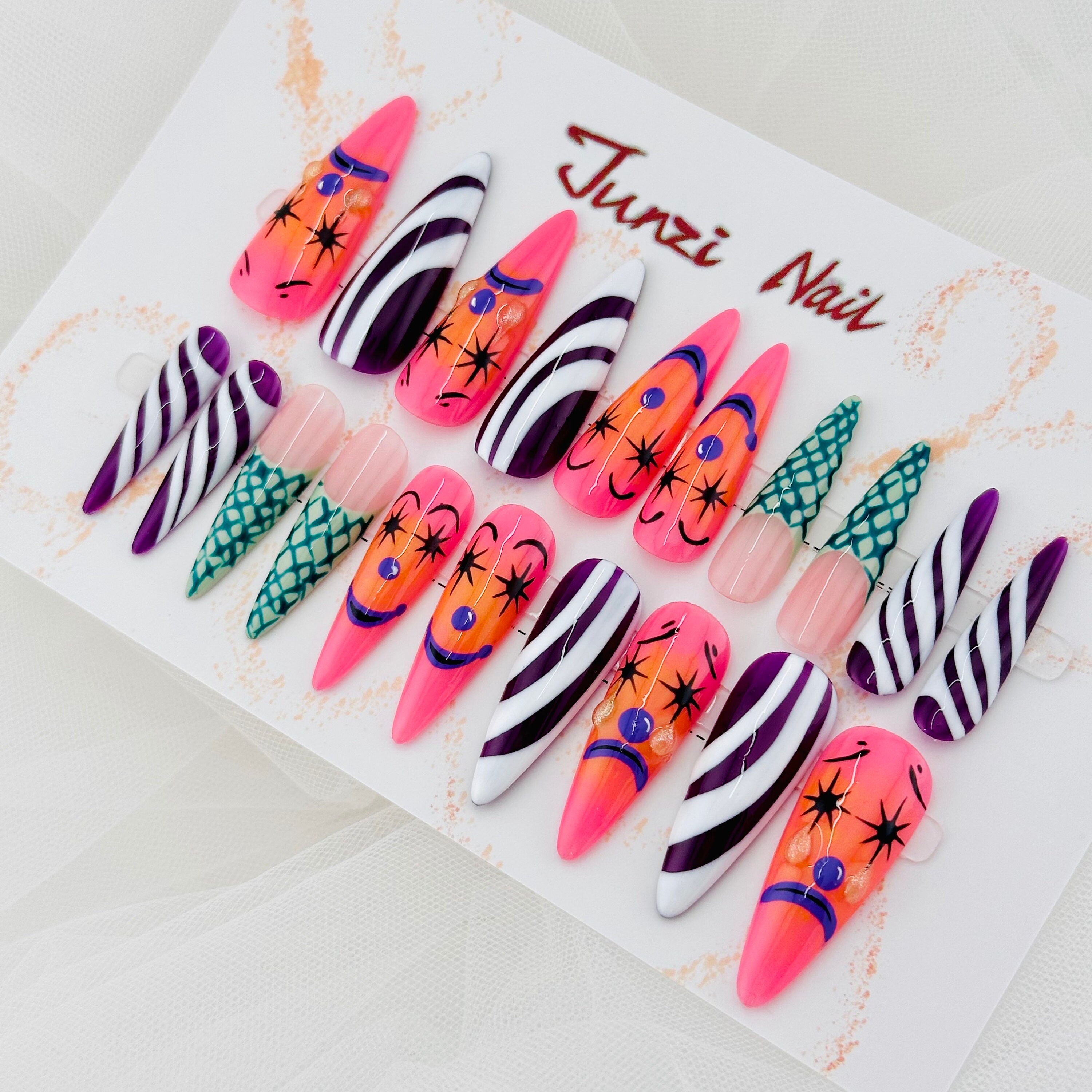 Handmade Nails Crying Clown Face Press on Nail Long Stiletto Nail 20 ...