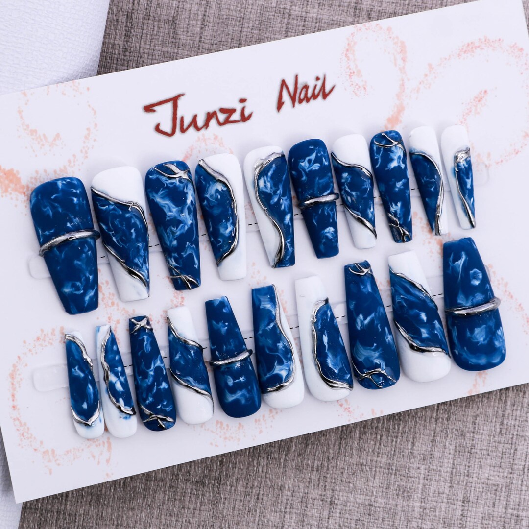 Handmade Azure Swirl Press on Nails: 20 Piece Set - Etsy