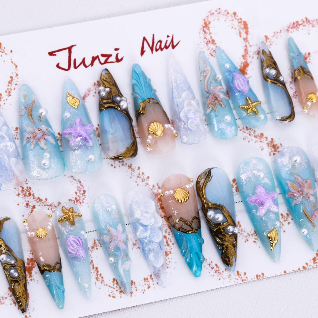 Handmade Mermaid Treasure Press on Nails: Long Stiletto, 20 Piece Set ...