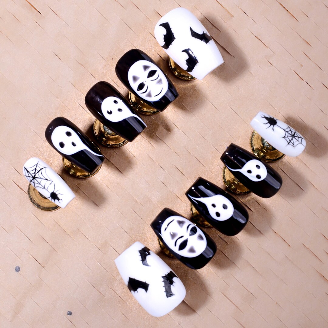Handmade Spider Ghost Press on Nails: Short Coffin, 20 Piece Set - Etsy