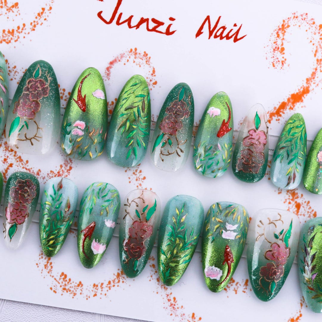 Handmade Nails, Enchanted Willow Garden Press on Nail, Medium Almond ...