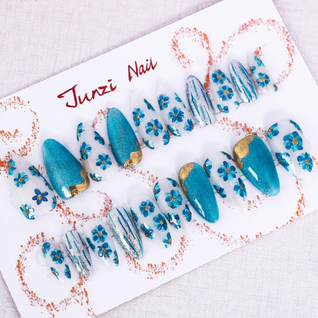 Azure Bloom Press on Nails: Luxury Handmade Almond Nail Set - Etsy