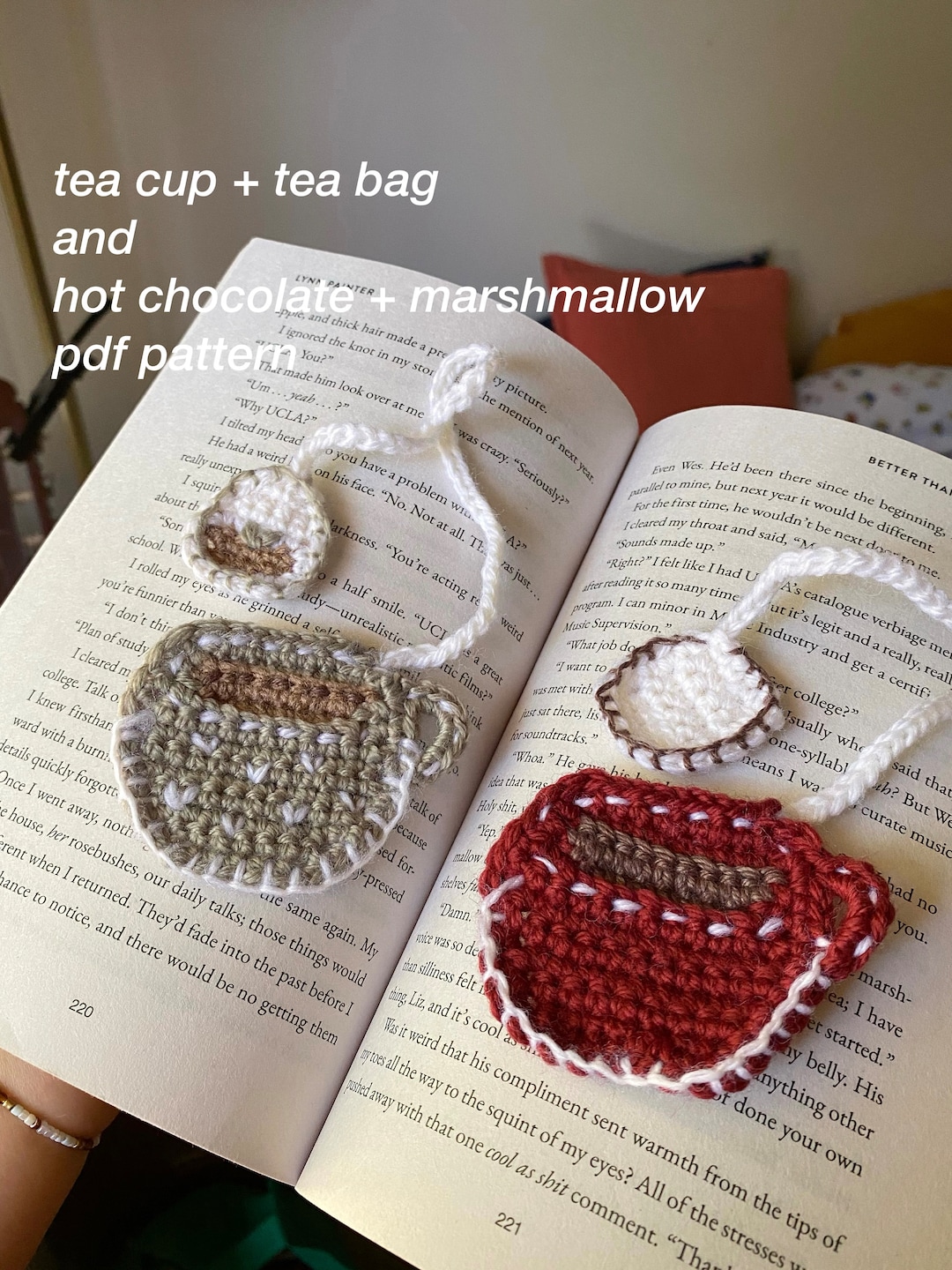2 in 1 Crochet Tea Cup + Tea Bag / Hot Chocolate + Marshmallow Bookmark ...