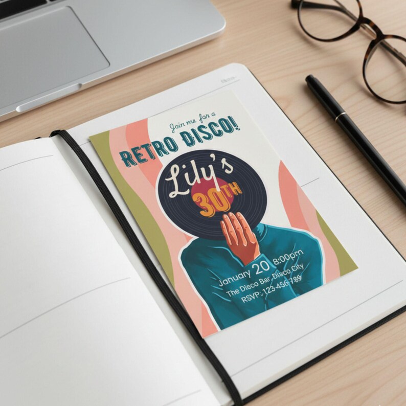 Retro Disco Birthday Invitation, Vinyl Record Player, 70s Theme ...