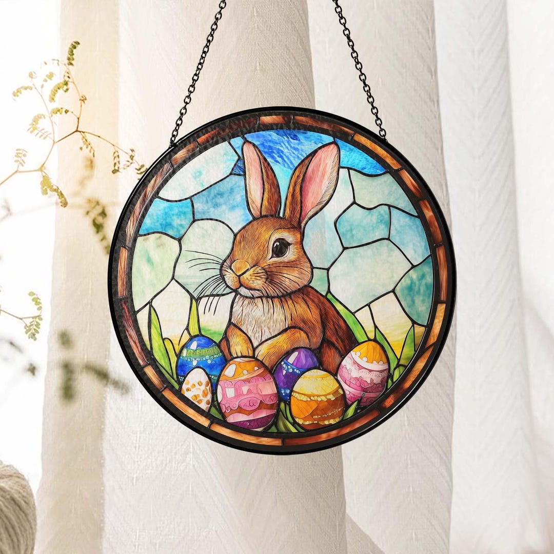 Bunny Easter Stained Glass Suncatcher, Rabbit With Easter Egg Hanging ...