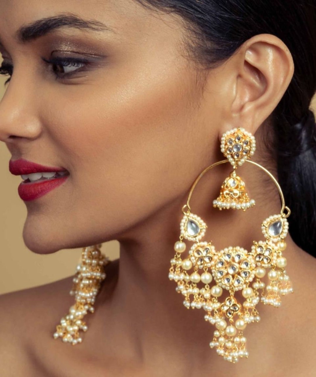 Kundan Earrings/kundan Chandbali/ Indian Earrings/ Pearl Earrings ...