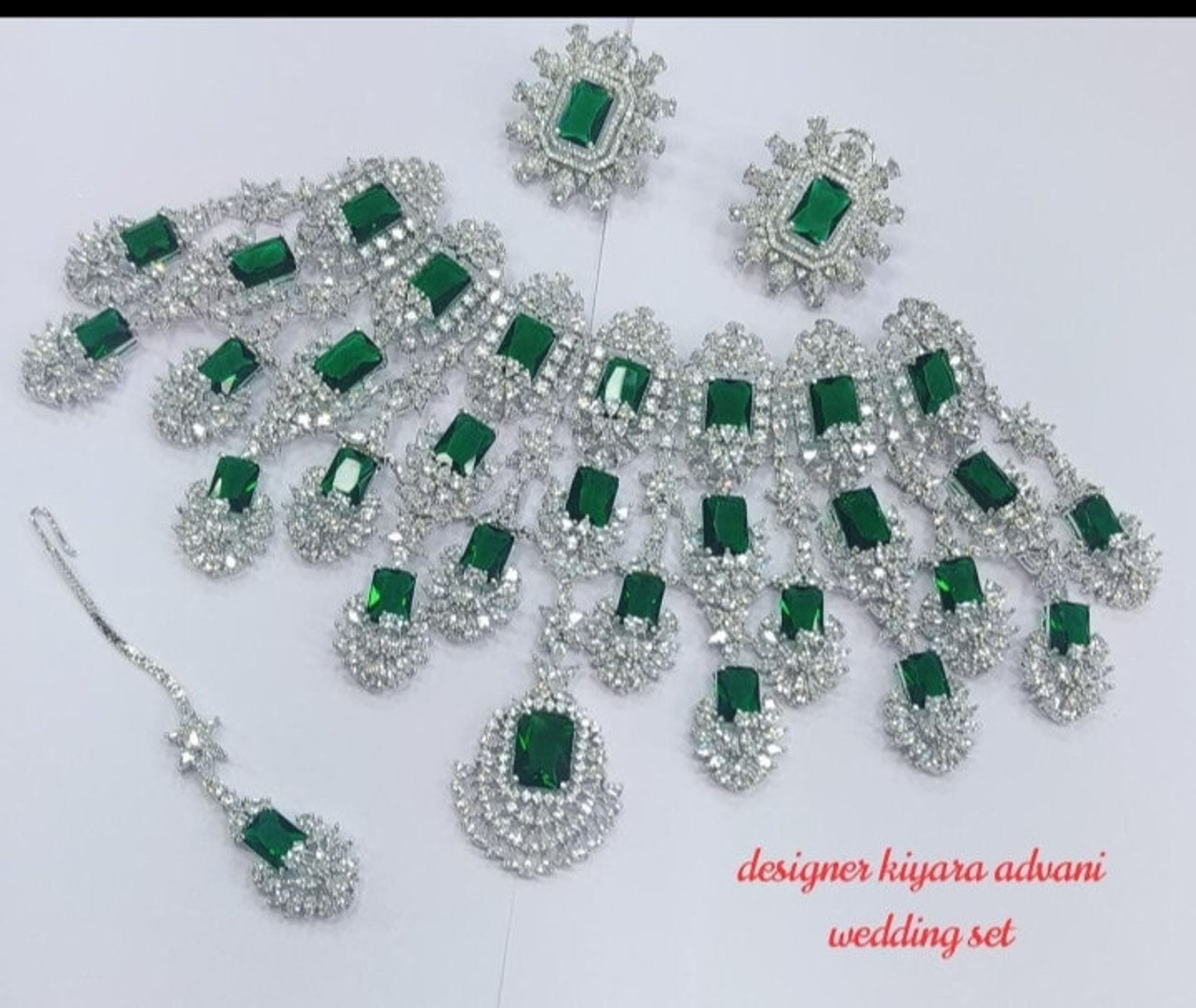 White Gold Plated Emerald Green Pear Drops Necklace and Statement ...