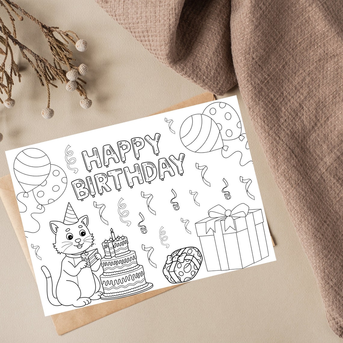 Coloring Birthday Card Instant Printable Coloring Birthday Card Digital ...