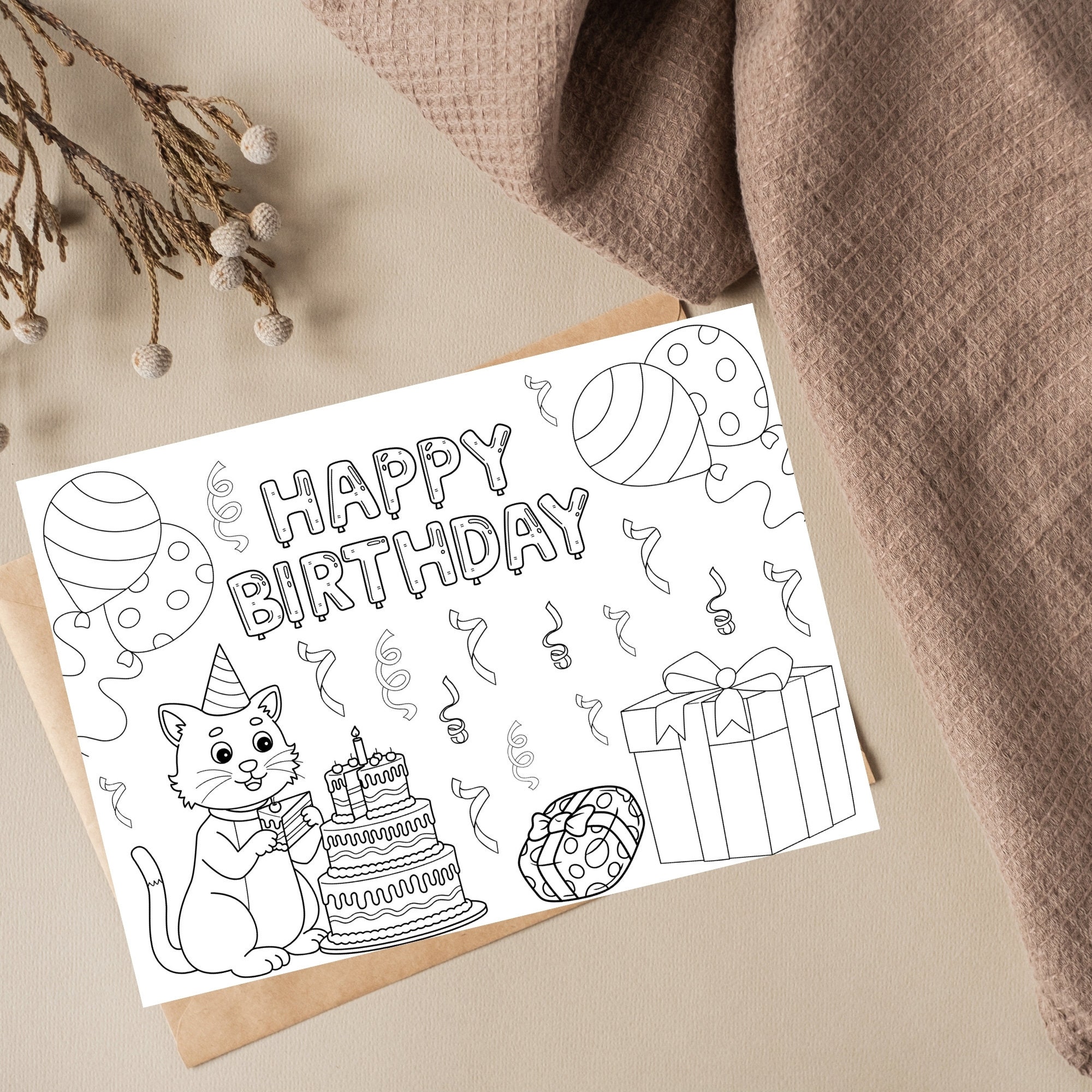 Coloring Birthday Card Instant Printable Coloring Birthday Card Digital ...