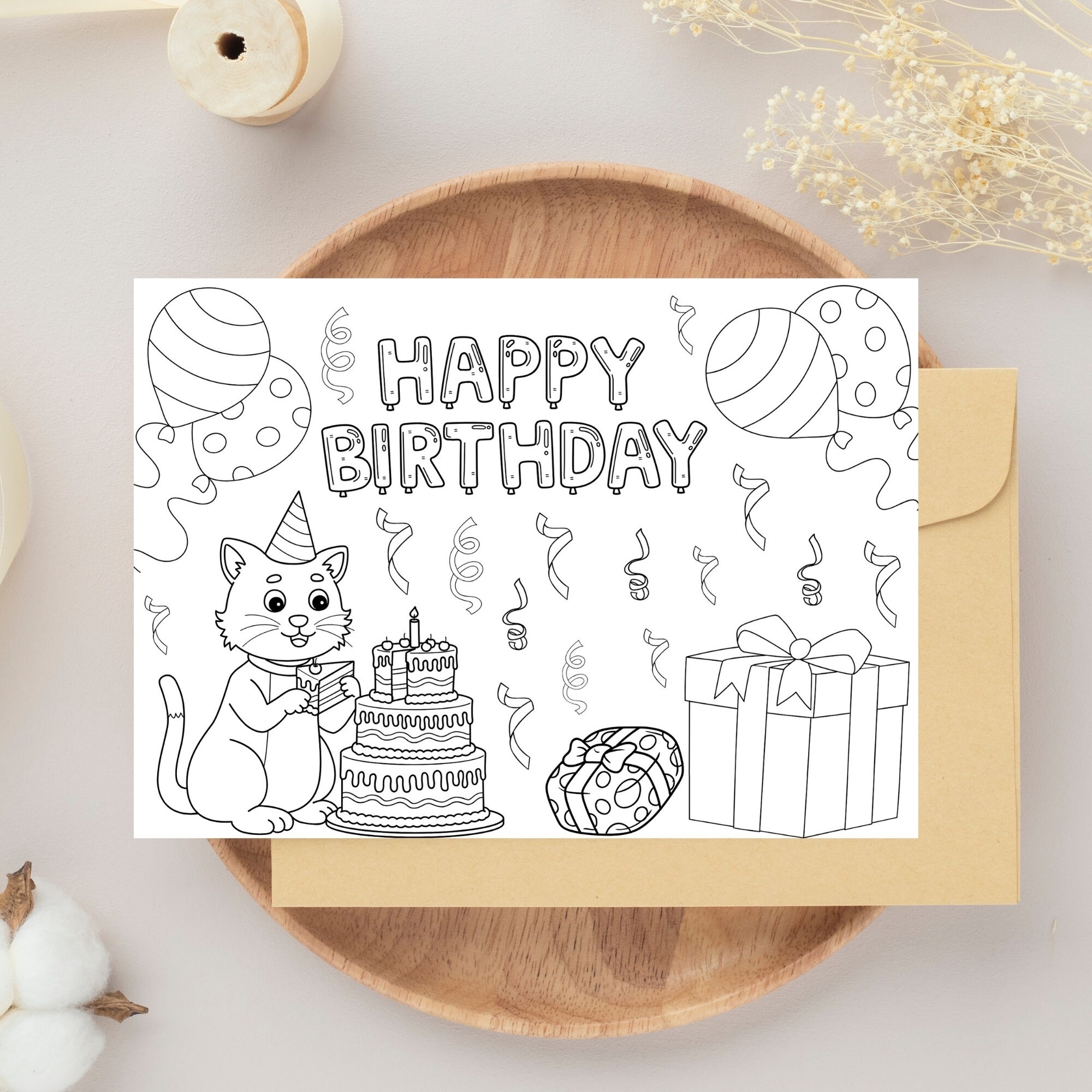 Coloring Birthday Card Instant Printable Coloring Birthday Card Digital ...