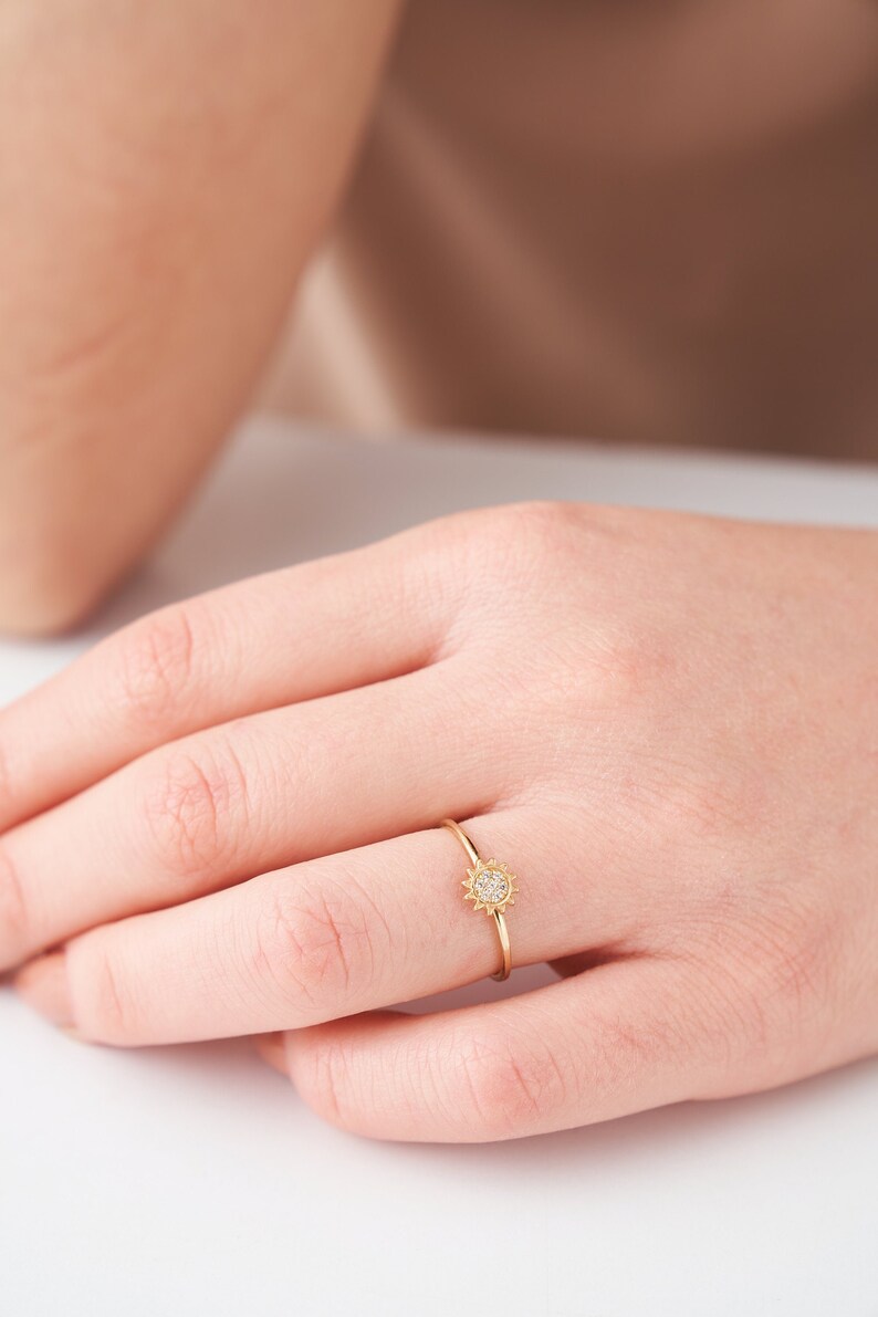 14K Yellow Gold Sunflower Engagement Ring, Handmade Sun Jewelry With ...