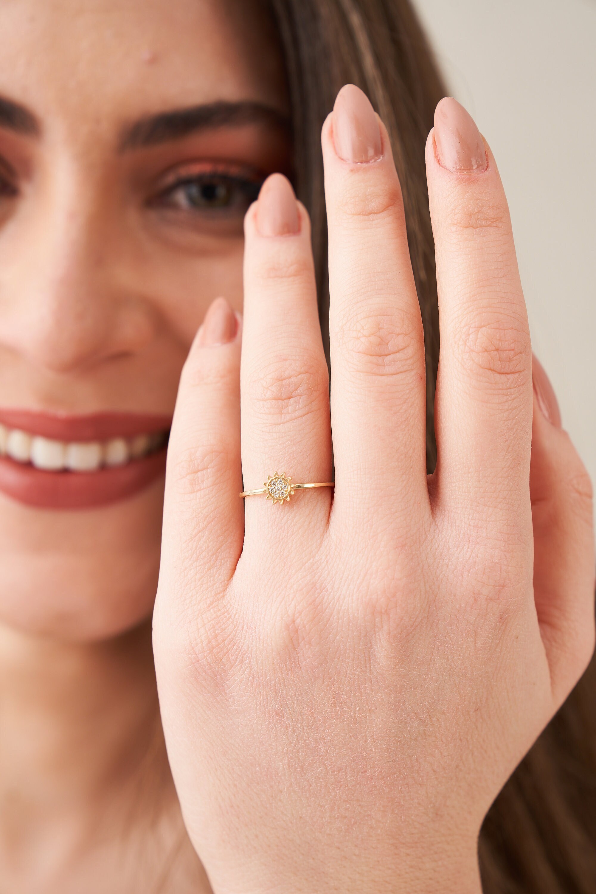 14K Yellow Gold Sunflower Engagement Ring, Handmade Sun Jewelry With ...