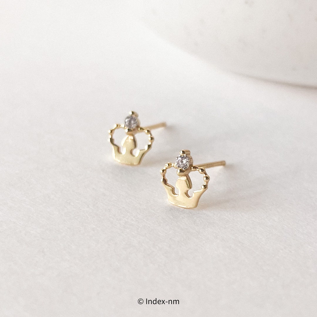Dainty 925 Sterling Silver Gold Crown Stud Earrings Tiny Gold Gemstone ...