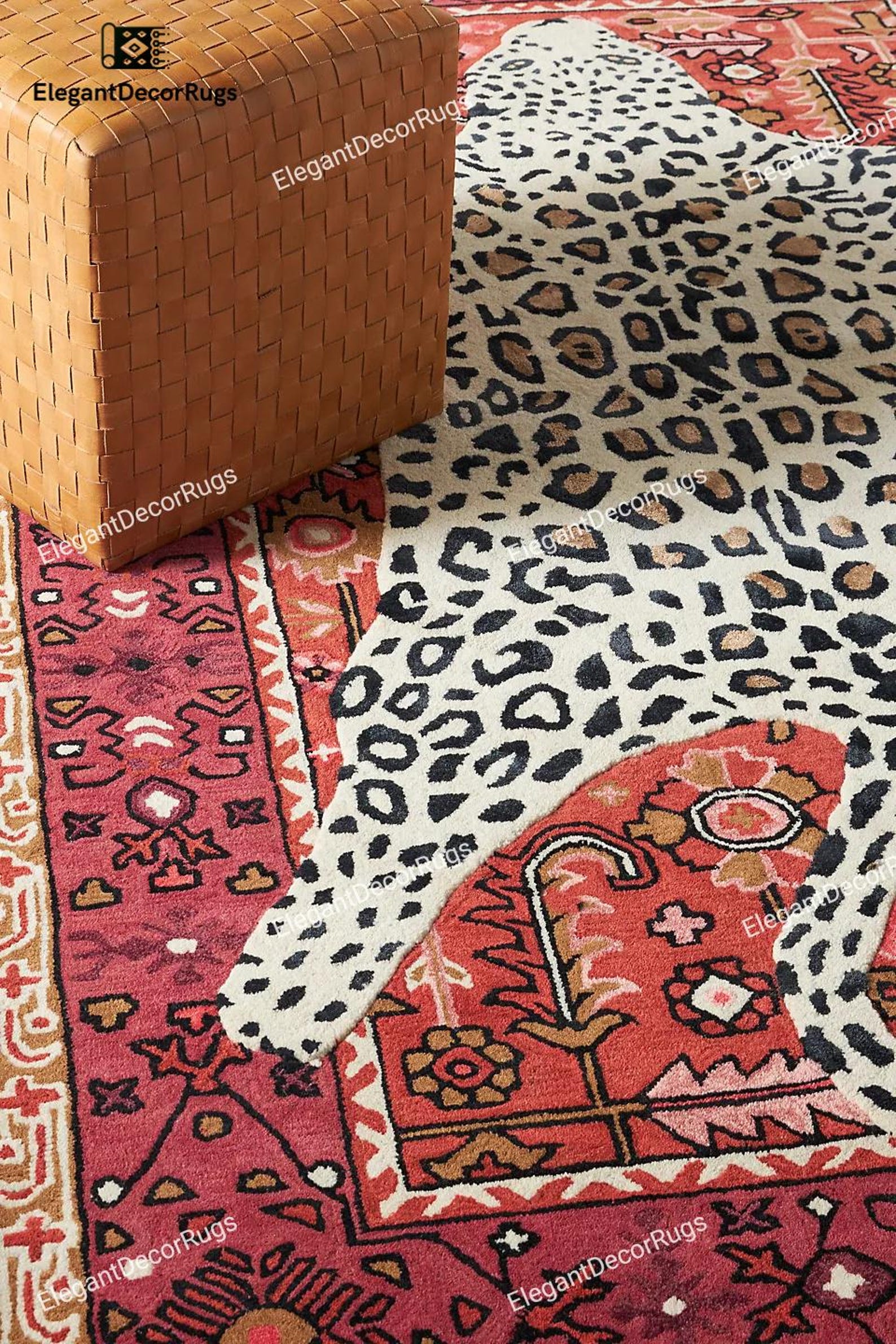 Octavia Leopard Rug, Hand Tufted Rug, Beige/red, Hand Made 100% Wool ...