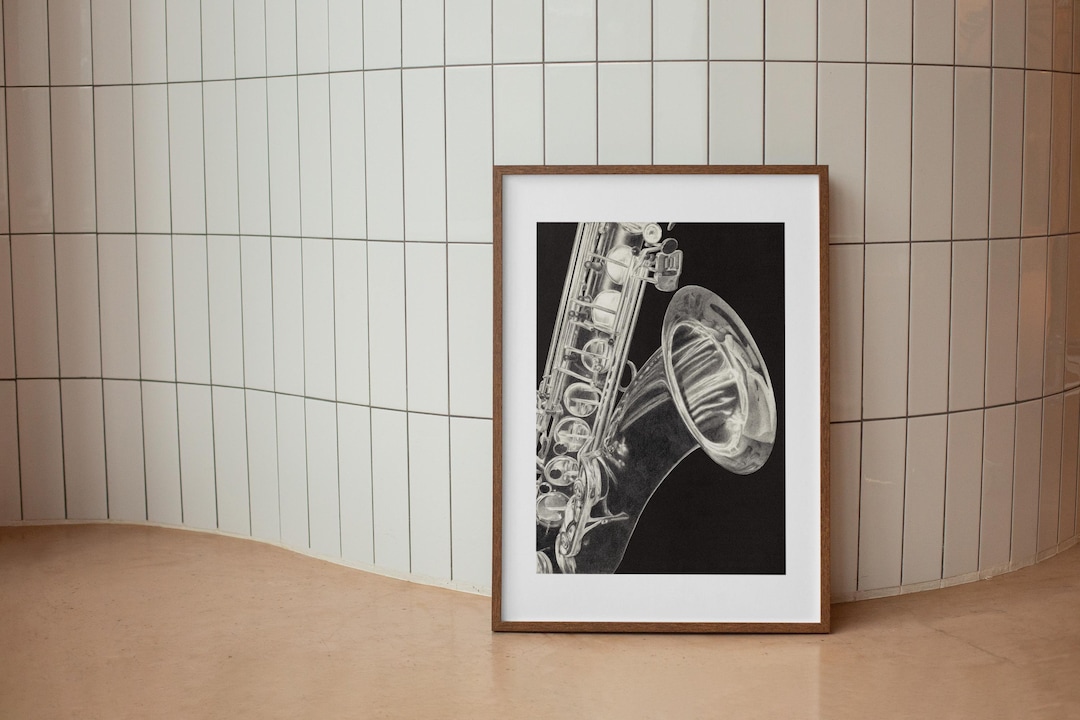 Hand Drawn Saxophone Art Print: Minimalist Black and White Realism ...