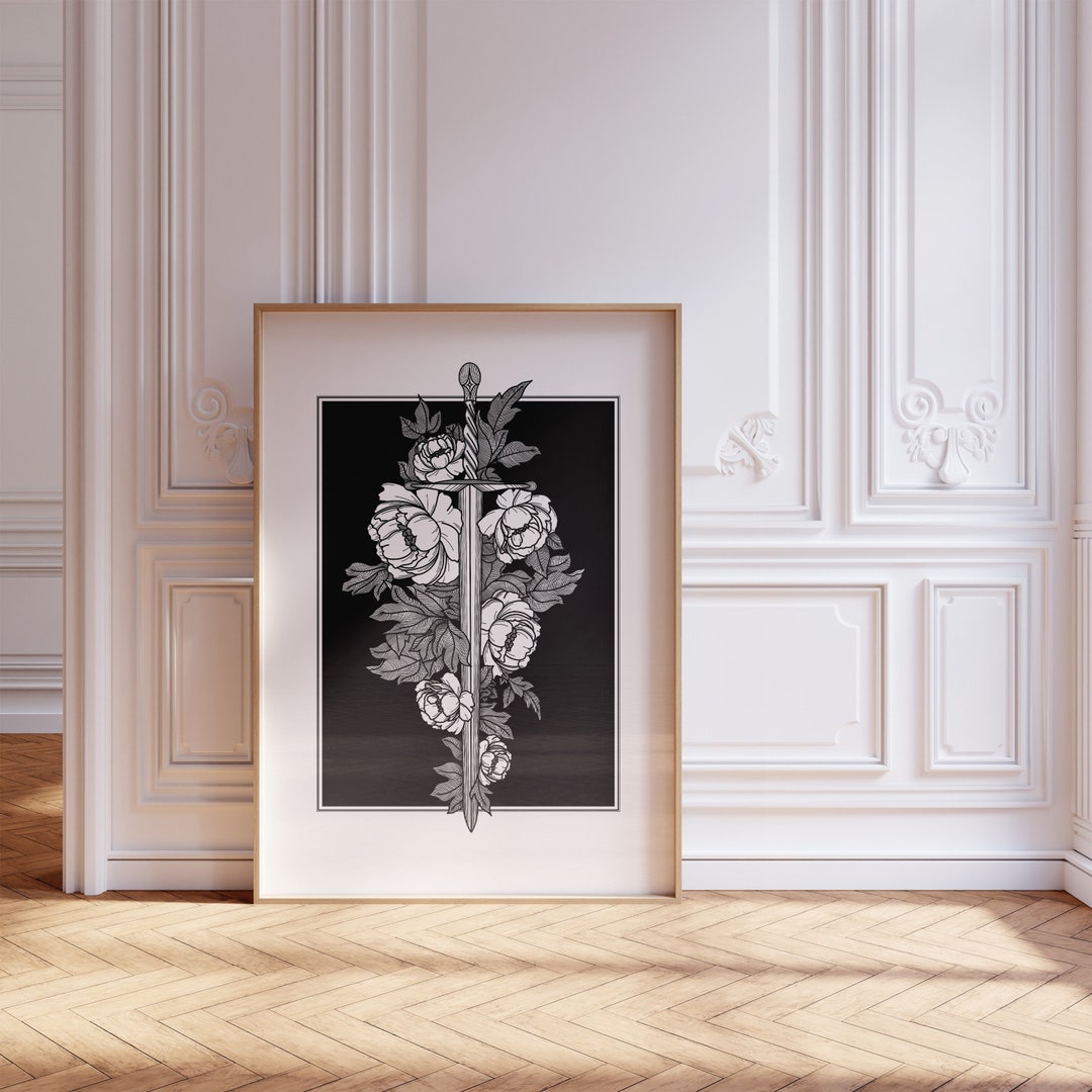Sword and Flowers Line Art Print: Edgy Emo Decor - Etsy