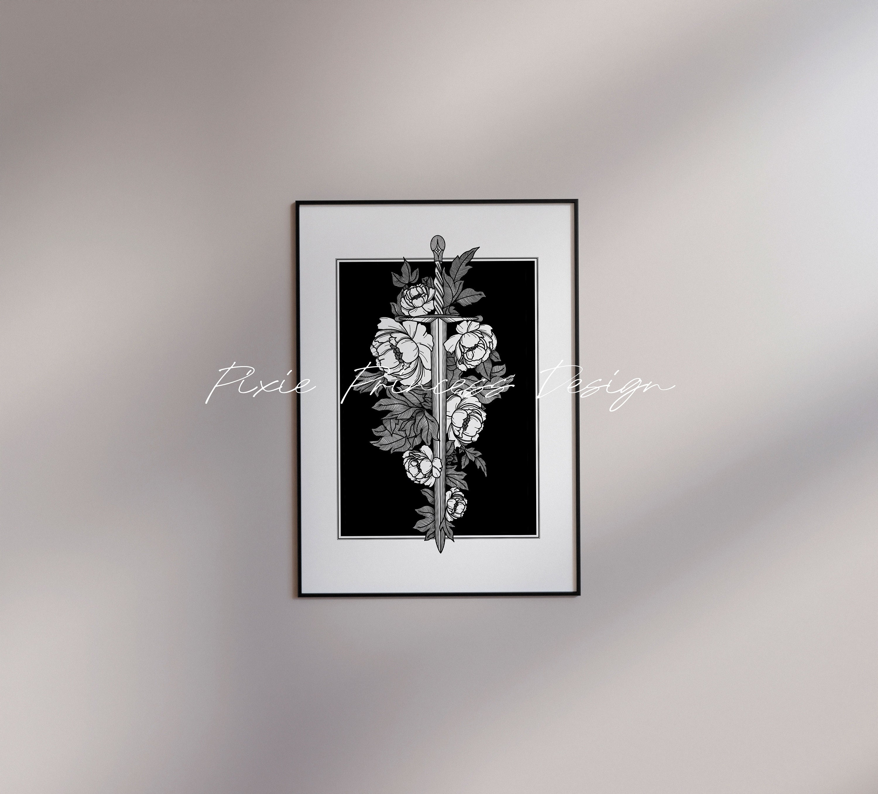 Sword and Flowers Line Art Print: Edgy Emo Decor - Etsy