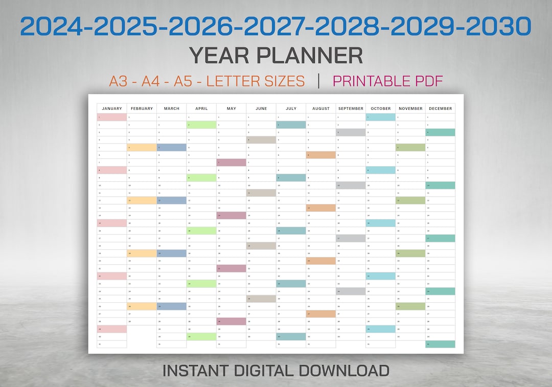 2024-2025-2026-2027-2028-2029-2030 Year Planner, Printable PDF ...
