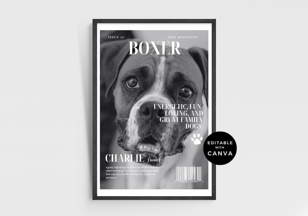 Boxer Dog Photo Magazine Cover Template, Customized Dog Poster, Gift ...