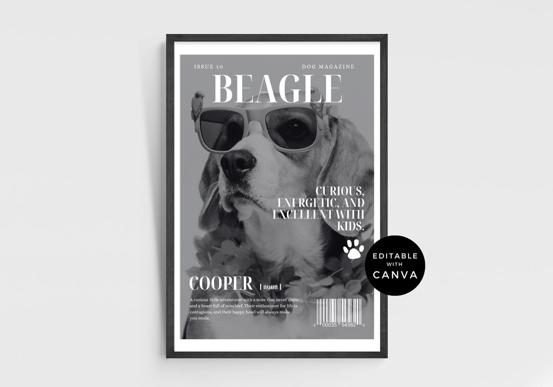 Beagle Dog Photo Magazine Cover Template, Customized Dog Poster, Gift ...