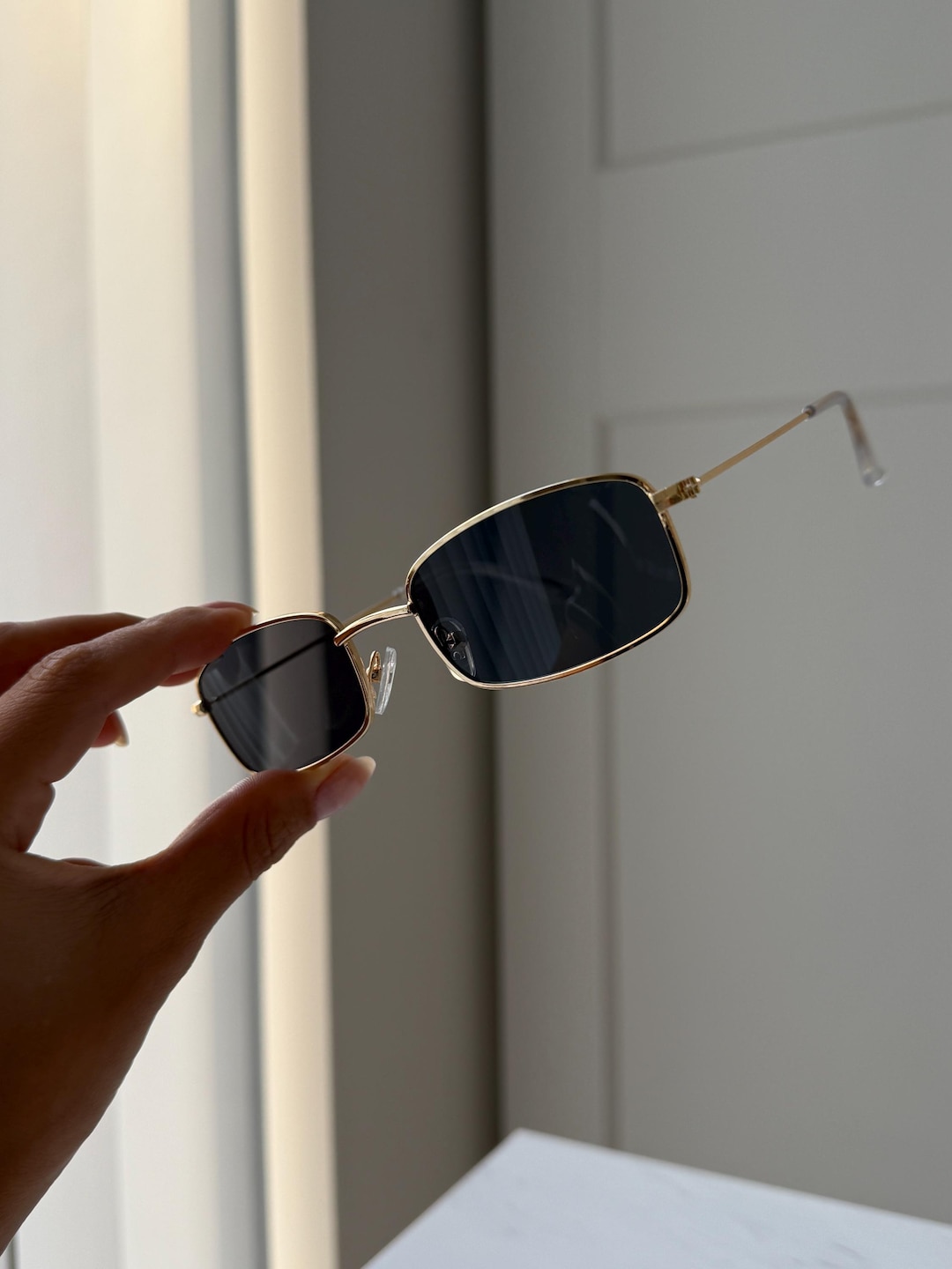 Black Tint Lenses Rectangle Golden Wire Frame Sunglasses - Etsy