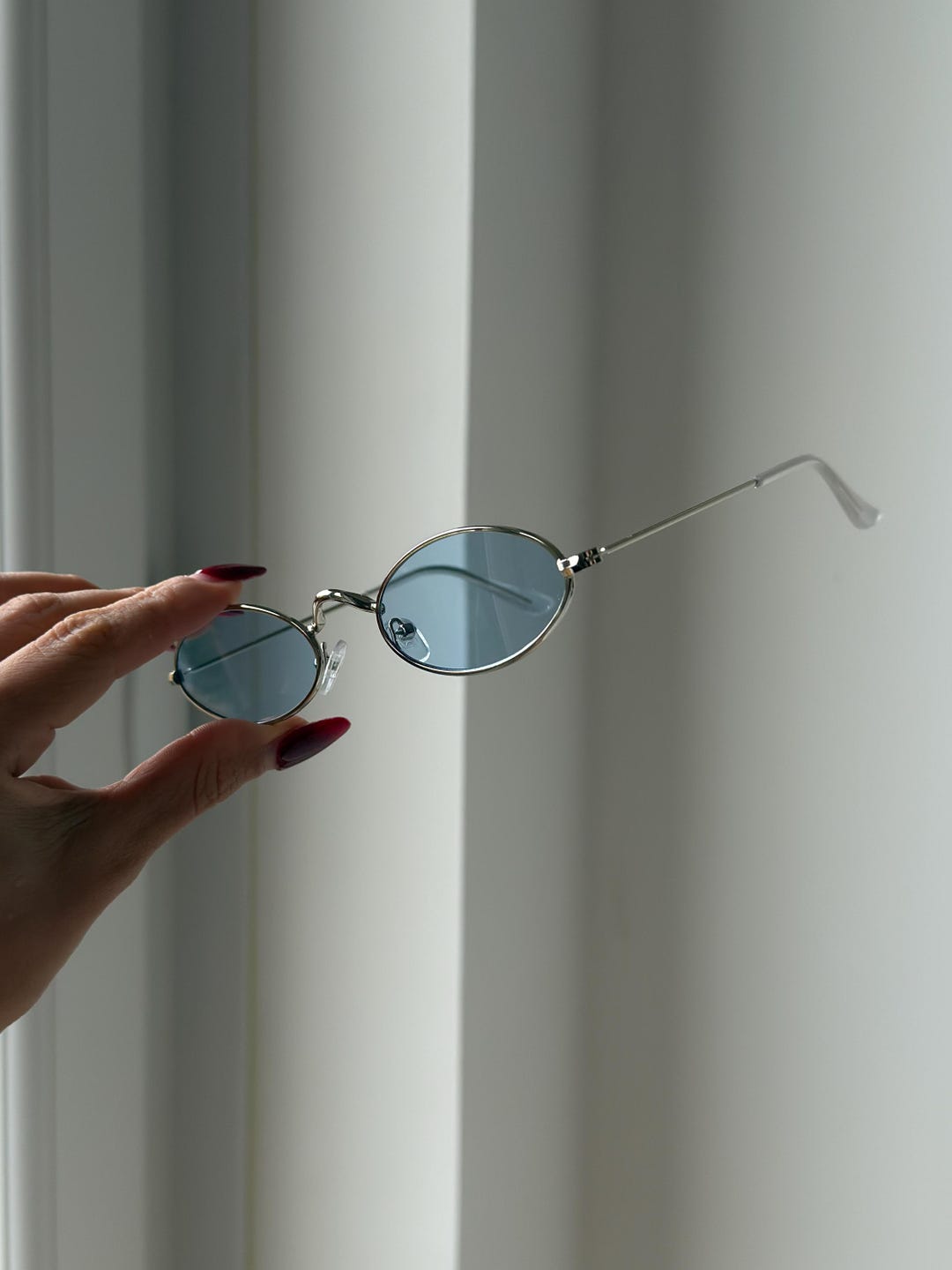 Blue Tint Lenses Oval Silver Wire Frame Sunglasses - Etsy