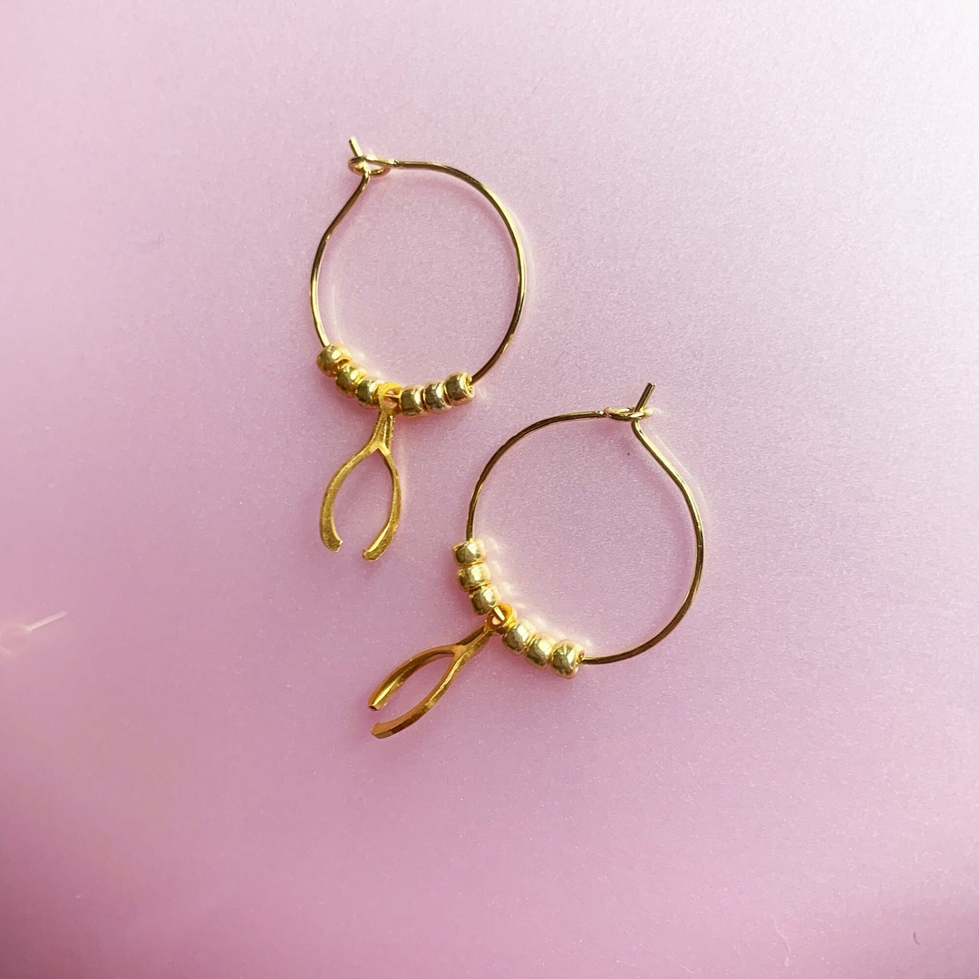 Gold Brass Wishbone Bead Hoop Earrings - Etsy
