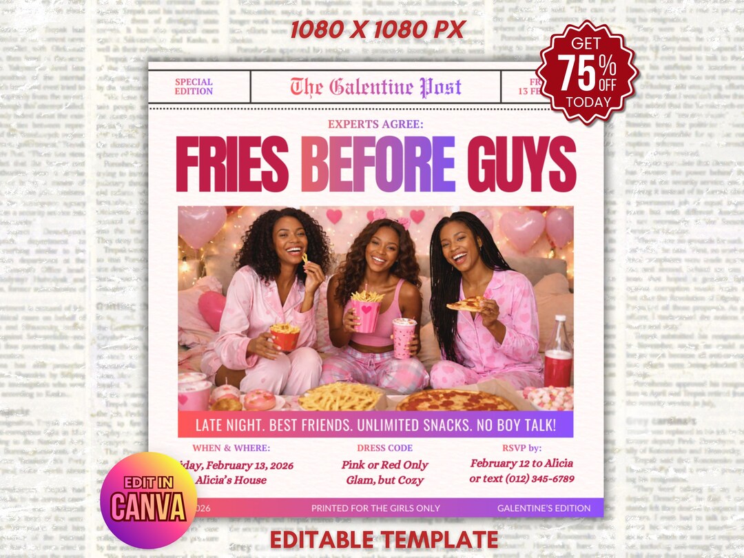 Galentines Fries Before Guys Flyer Template, Editable Pink Girls Invite ...