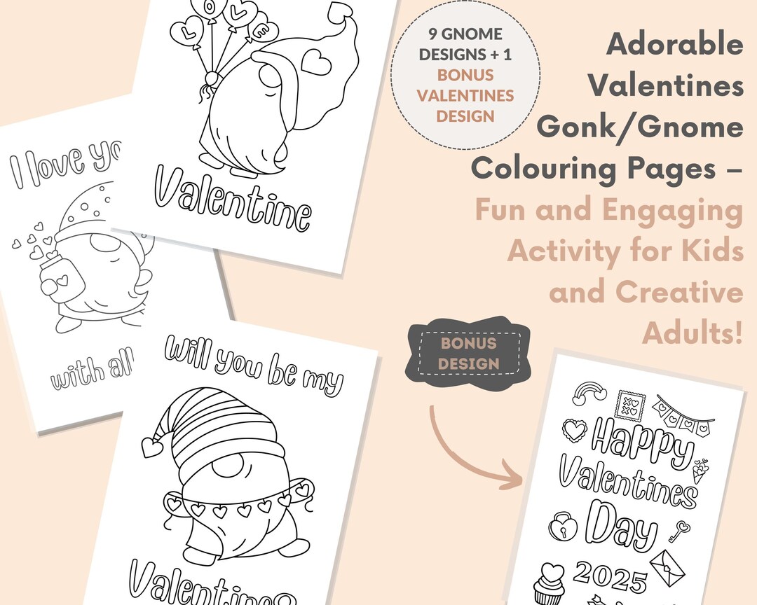 Valentine Gnome Coloring Pages for Kids, Cute Gonks Printable Activity ...