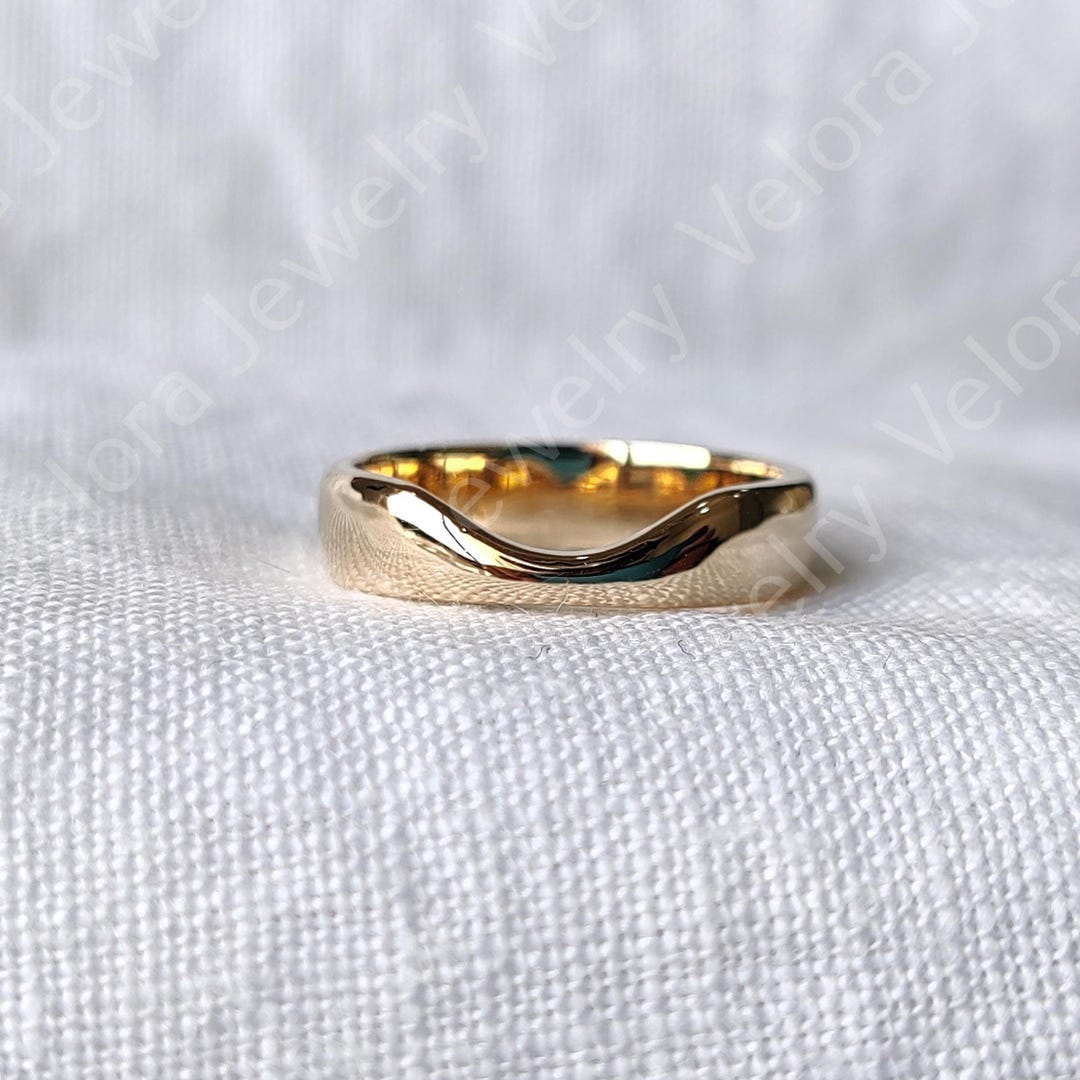 14K Solid Gold Cigar Wedding Band Ring, Unique Wide Cut Out Design ...