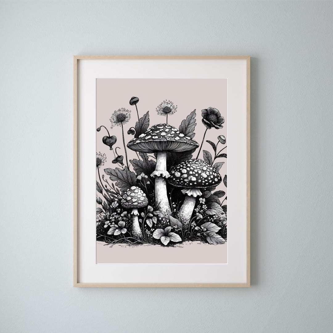 Toadstool Illustration Botanical Print Beige Neutral Colour Palette - Etsy