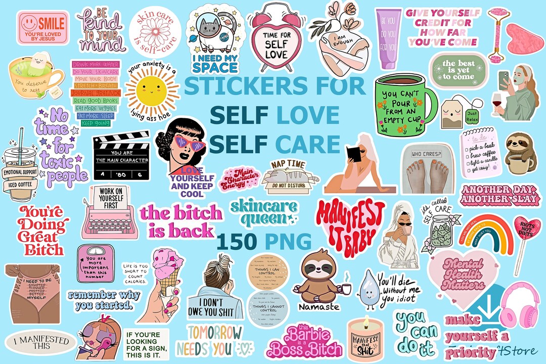 Self Love, Self Care Digital Stickers 150 Png Bundle Love Yourself ...