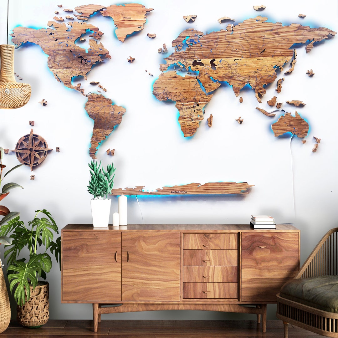 Detailed Oak World Map LED Wall Art Travel Map Apartment Gift Adventure ...