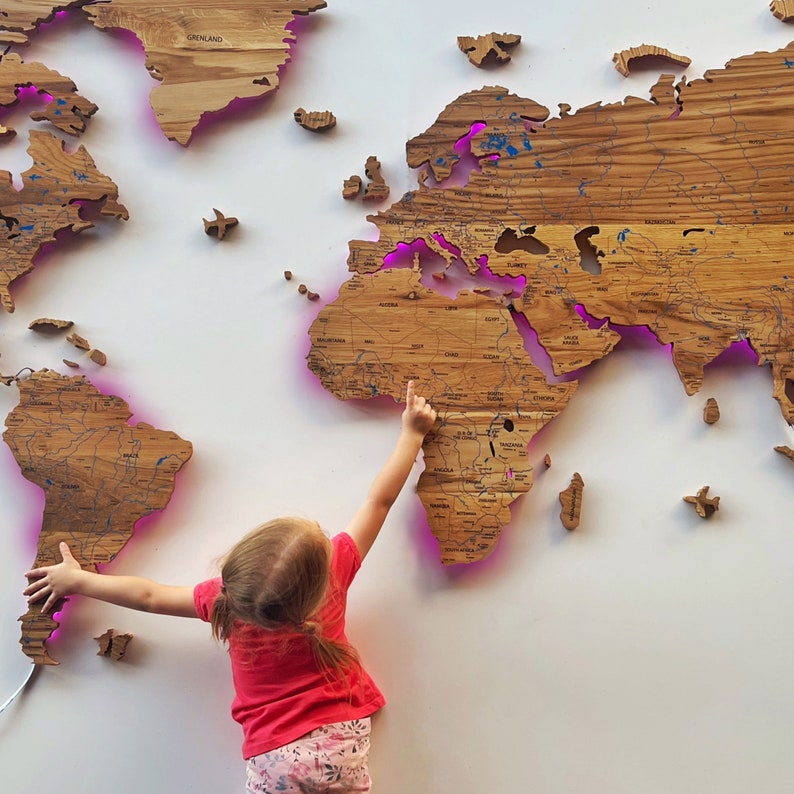 Detailed Oak World Map LED Wall Art Travel Map Apartment Gift Adventure ...