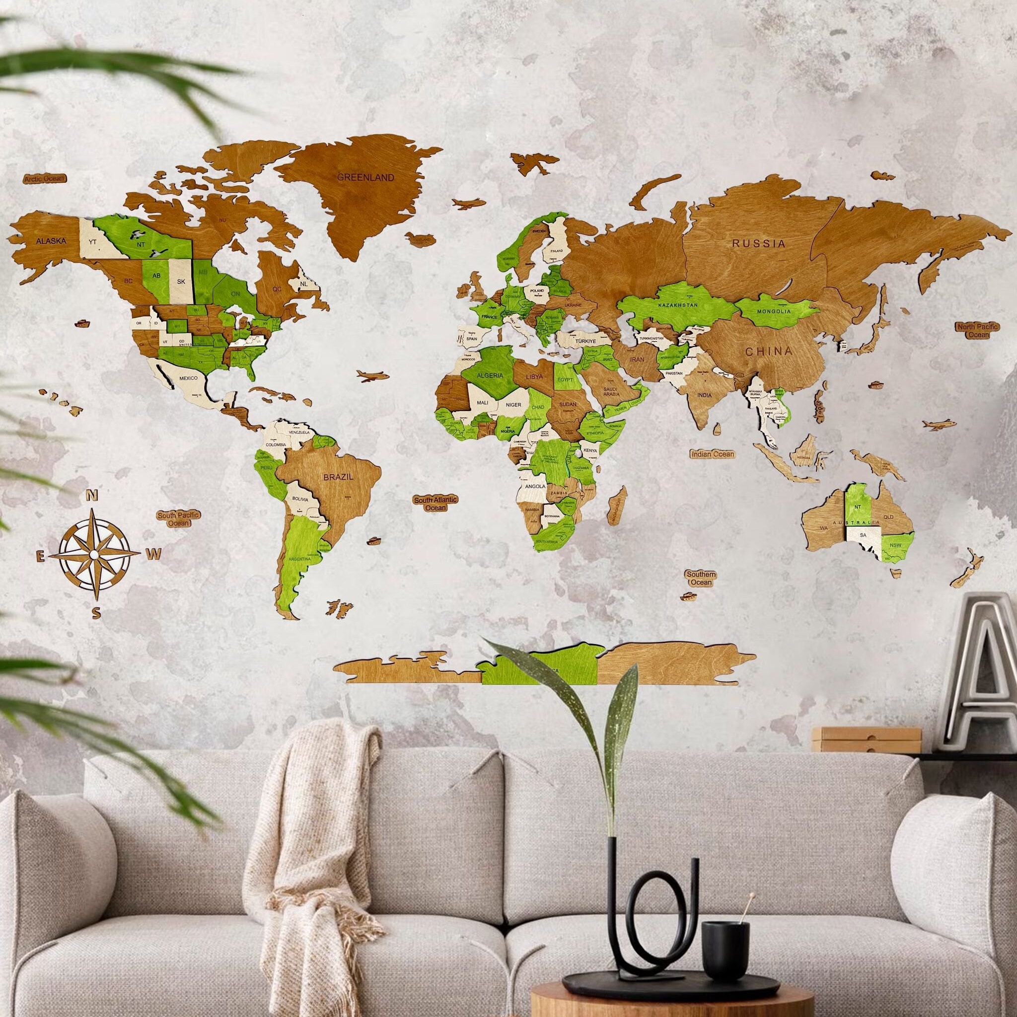 Wooden 3D World Map for Wall in LIME - Etsy