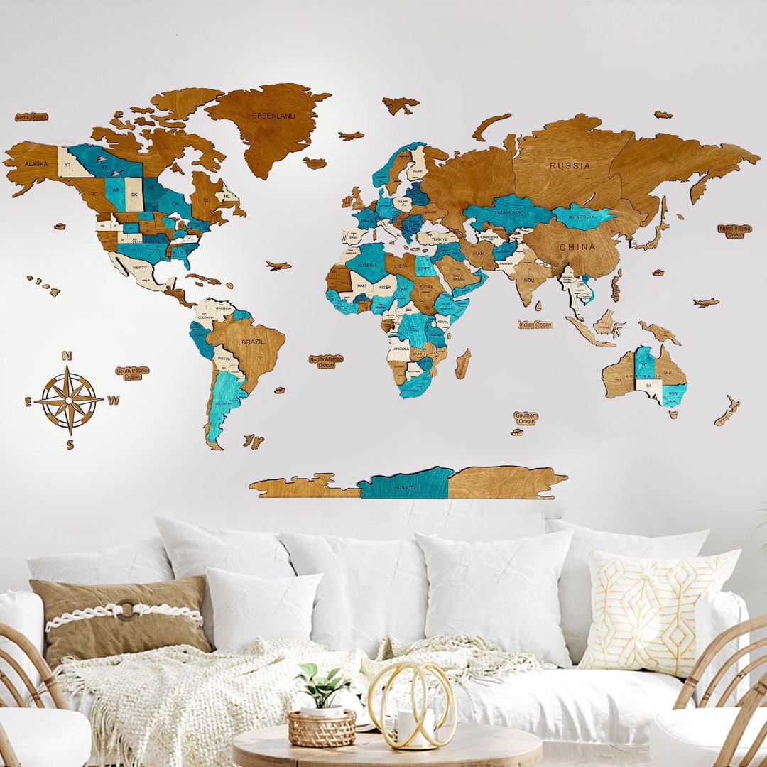 Wooden World Map 3d Effect | LAZUR - Etsy