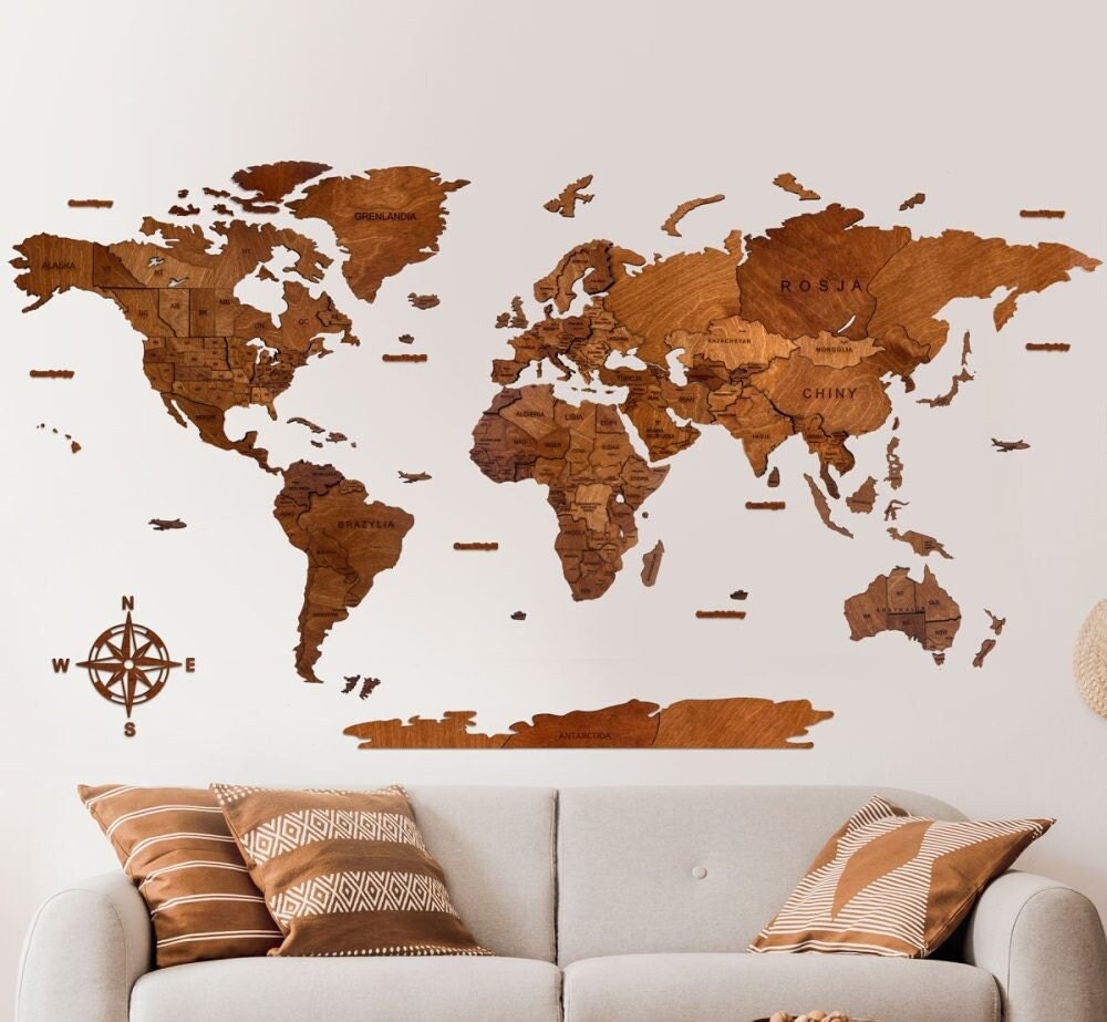 3D Wooden World Map Walnut - Etsy