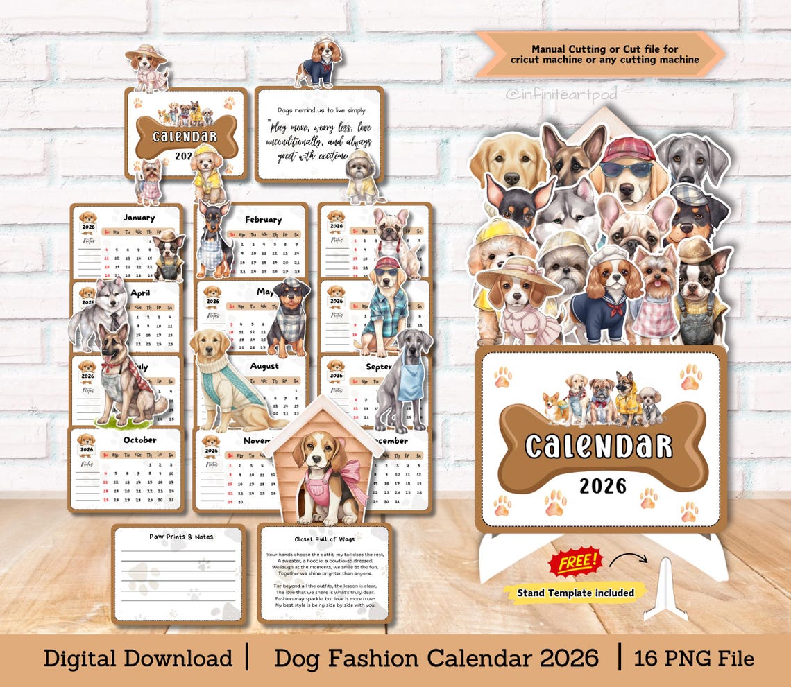 Dog Fashion Calendar 2026, Paw Calendar, Dog Lover, Instant Download ...