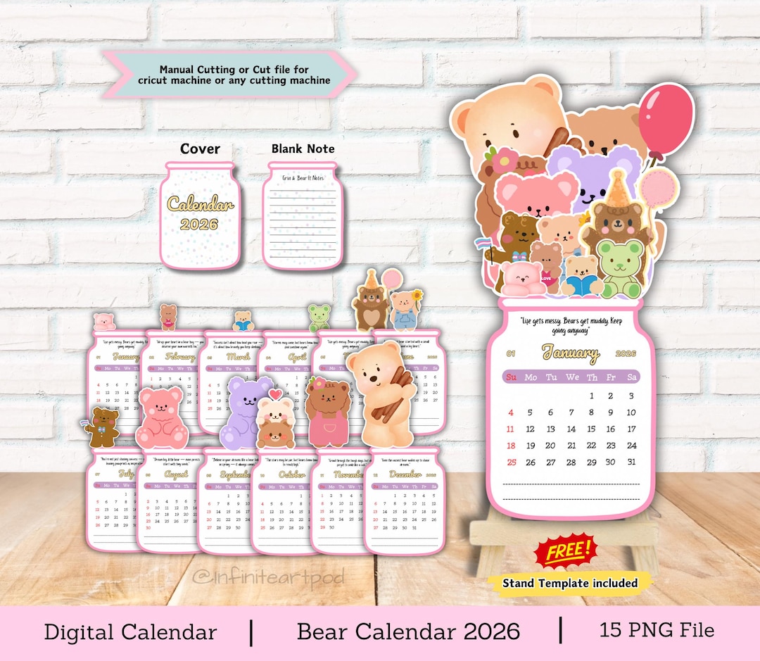 Bear Calendar 2026, Bear Desk Calendar, Printable Calendar, Mini ...