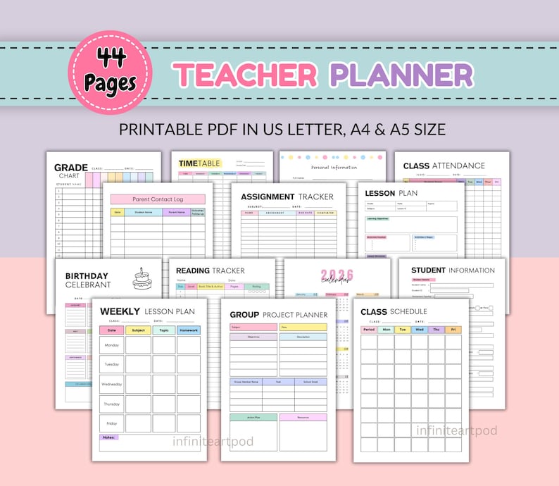 Printable Teacher Planner: Undated Lesson Plans, Student Info (PDF ...