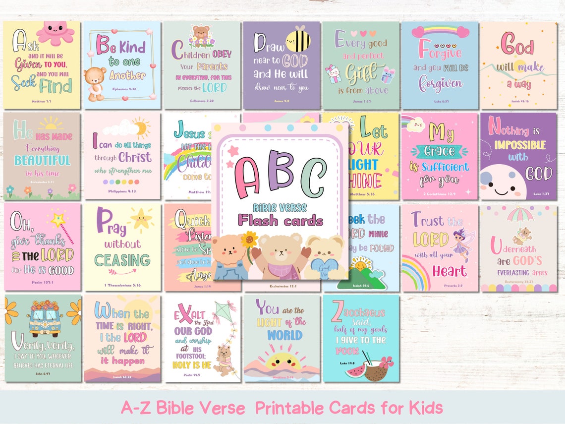 Cute ABC Bible Verse Card for Kids, A-Z Bible Verse Card, Bible Verse ...