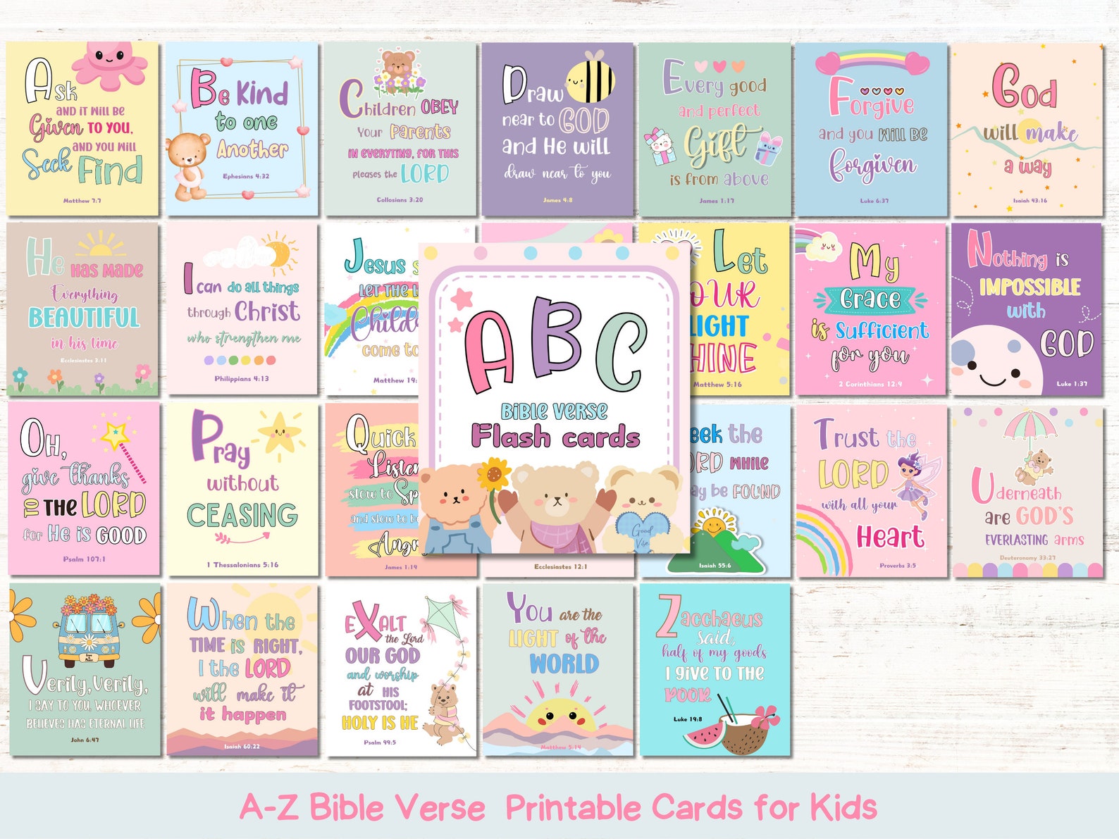 Cute ABC Bible Verse Card for Kids, A-Z Bible Verse Card, Bible Verse ...