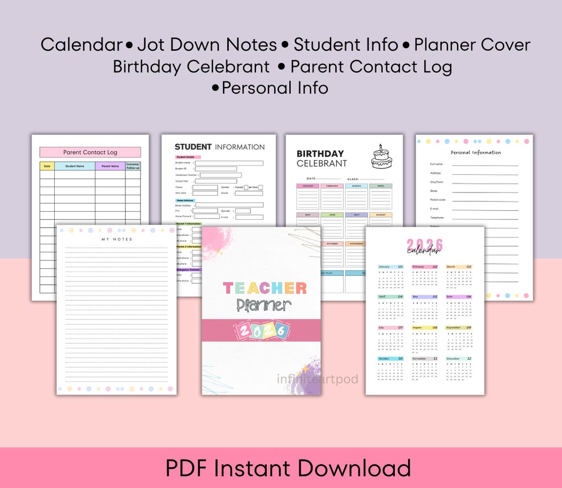 Printable Teacher Planner: Undated Lesson Plans, Student Info (PDF ...