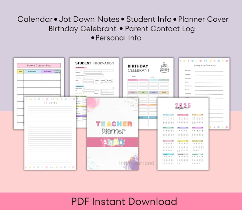 Printable Teacher Planner: Undated Lesson Plans, Student Info (PDF ...