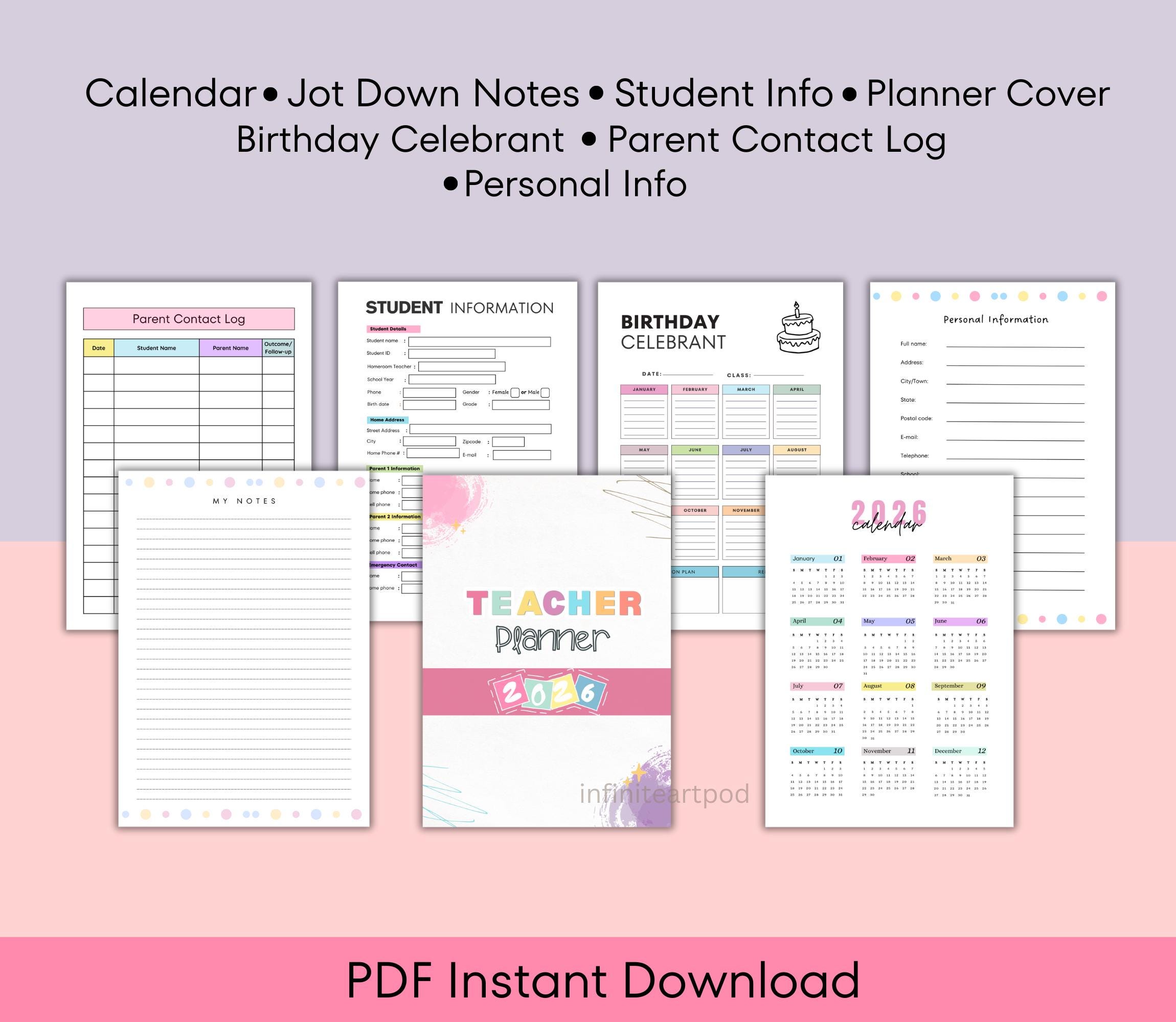 Printable Teacher Planner: Undated Lesson Plans, Student Info (PDF ...