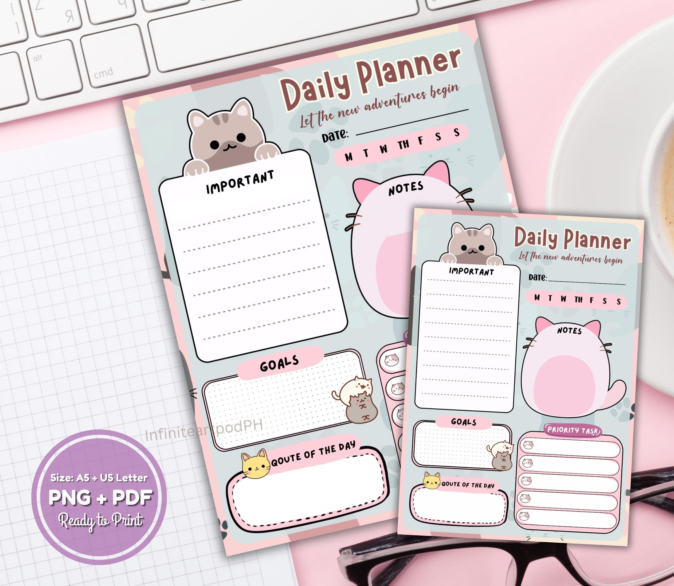 Cat Notepad, Cat Daily Planner, Daily Planner, Notepad Template ...